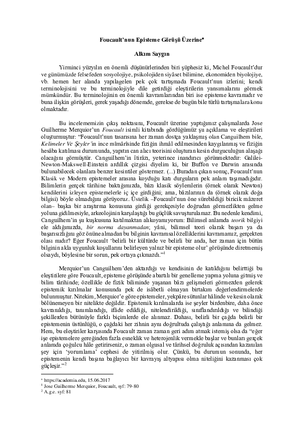 (PDF) Foucault’nun Episteme Görüşü Üzerine