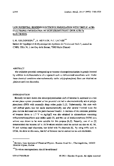 (PDF) Low potential benzene electropolymerization with triflic acid ...