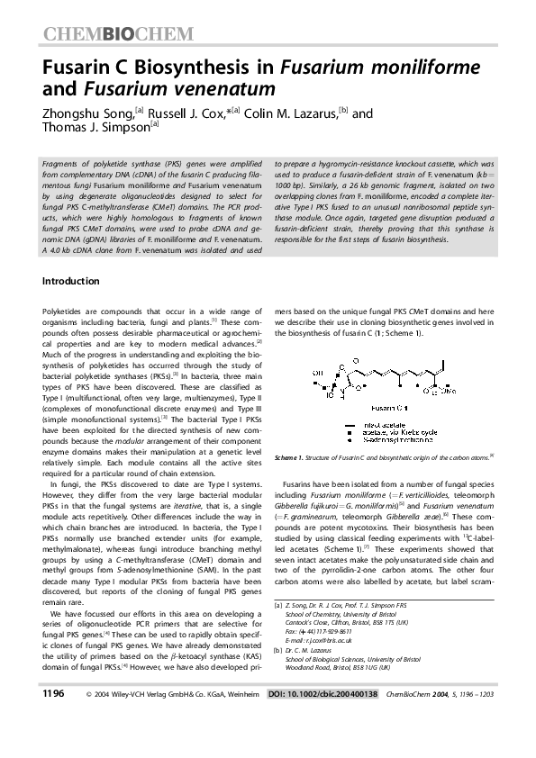 (PDF) Fusarin C Biosynthesis in Fusarium moniliforme and Fusarium venenatum