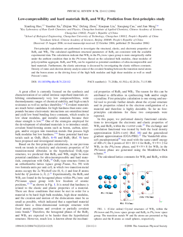 (PDF) Low-compressibility and hard materialsReB2andWB2: Prediction from ...
