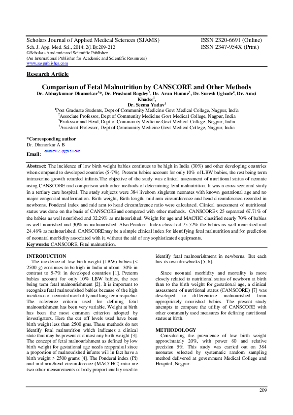 (PDF) Comparison of Fetal Malnutrition by CANSCORE and Other Methods