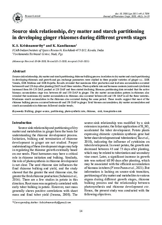 (PDF) Source sink relationship, dry matter and starch partitioning in developing ginger rhizomes ...