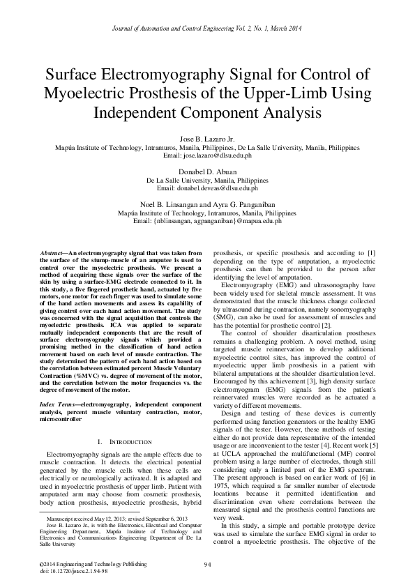 (PDF) Surface Electromyography Signal for Control of Myoelectric Prosthesis of the Upper-Limb ...