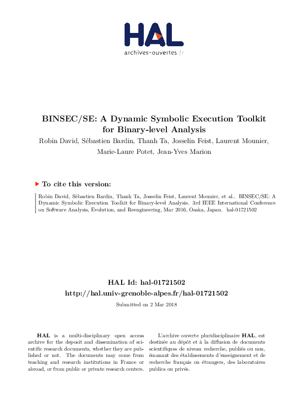 Pdf Binsecse A Dynamic Symbolic Execution Toolkit For Binary Level 5552