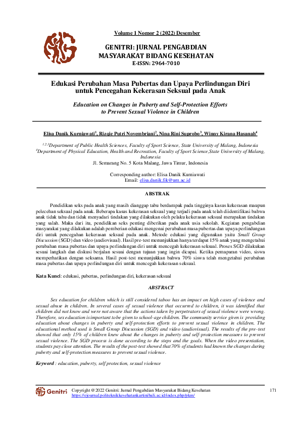 (PDF) Edukasi Perubahan Masa Pubertas dan Upaya Perlindungan Diri untuk Pencegahan Kekerasan ...