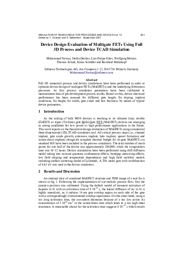 (PDF) Device Design Evaluation of Multigate FETs Using Full 3D Process ...