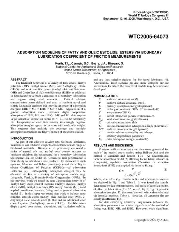(PDF) Adsorption Modeling of Fatty and Oleic Estolide Esters via ...