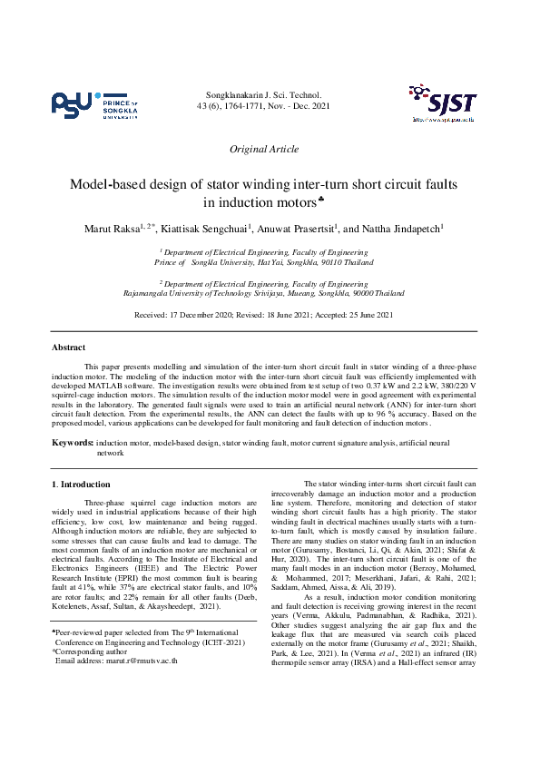 Pdf Model Based Design Of Stator Winding Inter Turn Short Circuit