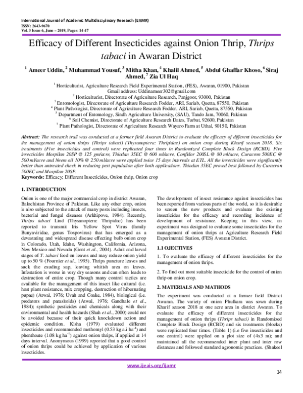 (PDF) Efficacy of Different Insecticides against Onion Thrip, Thrips tabaci in Awaran District