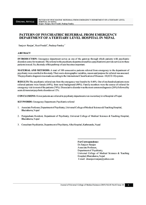 (PDF) Pattern of Psychiatric Referral from Emergency Department of a ...