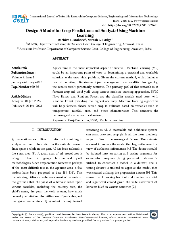 (PDF) Design A Model for Crop Prediction And Analysis Using Machine Learning
