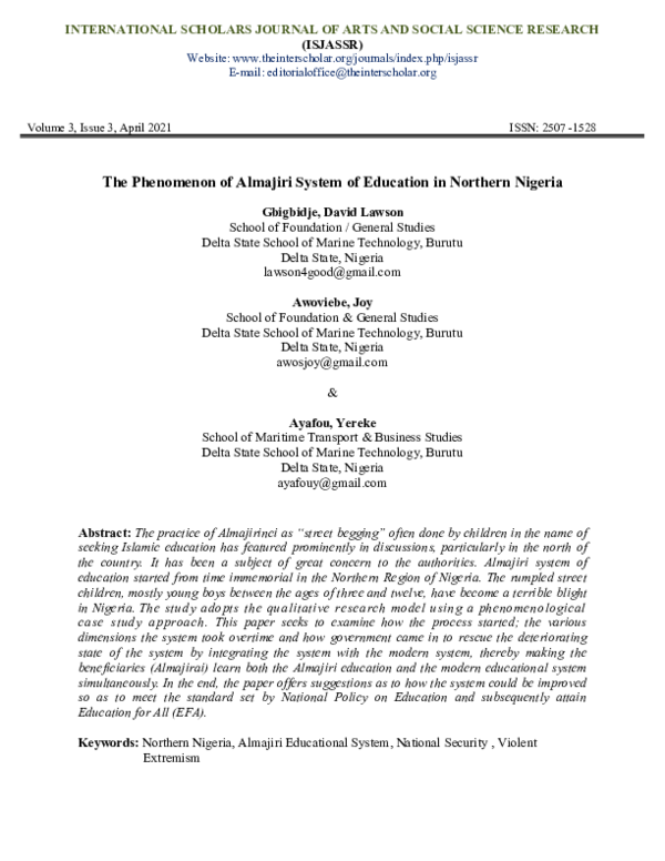 (PDF) The Phenomenon of Almajiri System of Education in Northern Nigeria