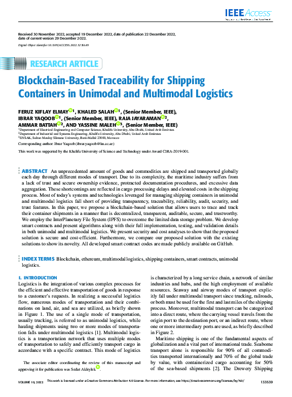 (PDF) Blockchain-Based Traceability for Shipping Containers in Unimodal and Multimodal Logistics