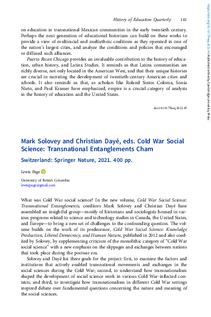 (PDF) Mark Solovey and Christian Dayé, eds. Cold War Social Science ...