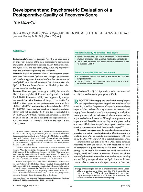 (PDF) Development and Psychometric Evaluation of a Postoperative Quality of Recovery Score