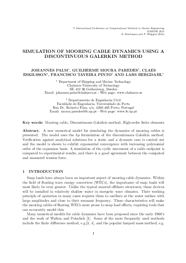 (PDF) Simulation of Mooring Cable Dynamics Using a Discontinuous Galerkin Method