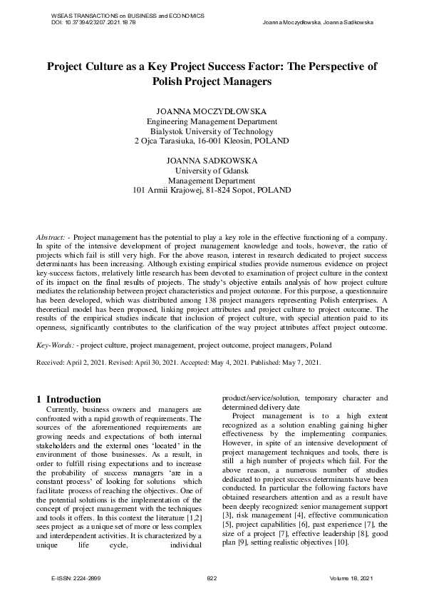 (PDF) Project Culture as a Key Project Success Factor: The Perspective ...