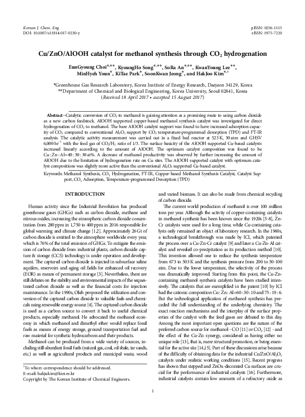 (PDF) Cu/ZnO/AlOOH catalyst for methanol synthesis through CO2 ...