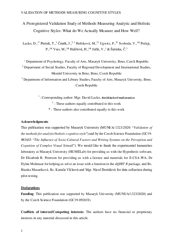 (PDF) A Preregistered Validation Study of Methods Measuring Analytic and Holistic Cognitive ...