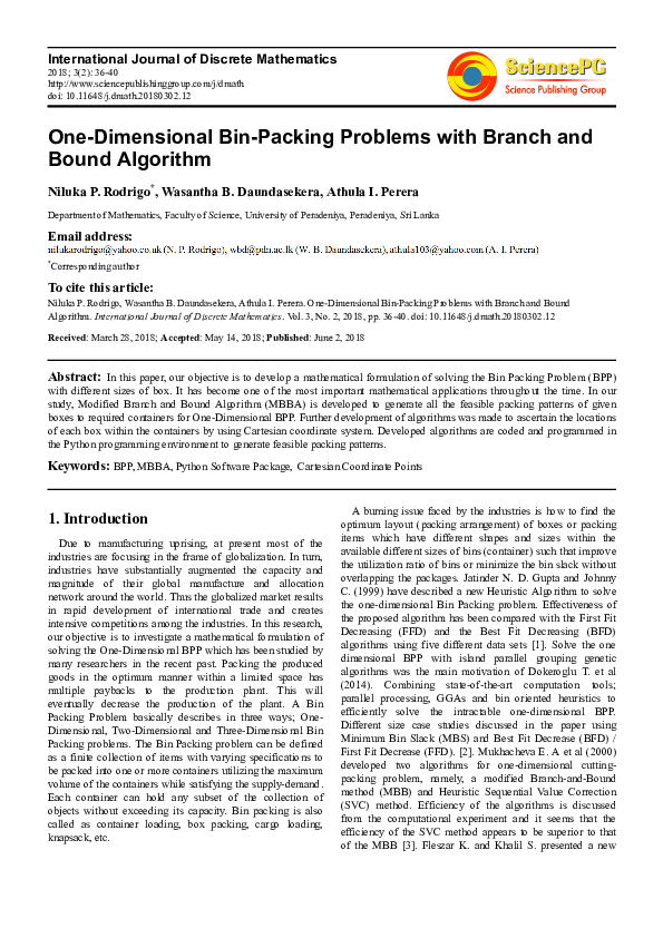 Pdf One Dimensional Bin Packing Problems With Branch And Bound Algorithm