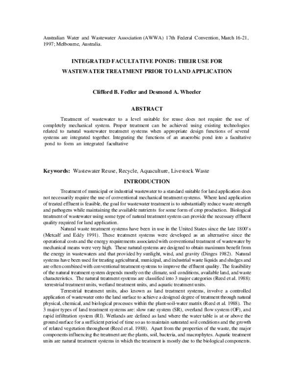 (PDF) Integrated Facultative Ponds : Their Use for Wastewater Treatment ...