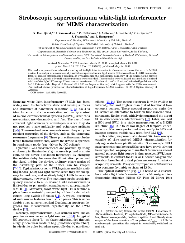 (PDF) Stroboscopic supercontinuum white-light interferometer for MEMS characterization | Sami ...