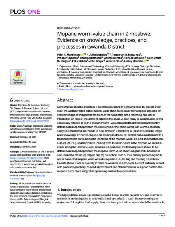 (PDF) Mopane worm value chain in Zimbabwe: Evidence on knowledge, practices, and processes in ...