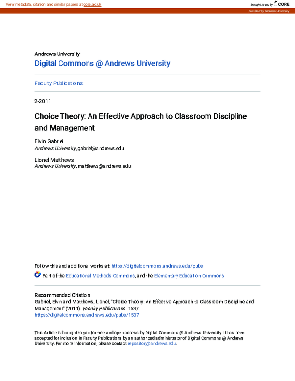 (PDF) Choice Theory: An Effective Approach to Classroom Discipline and ...