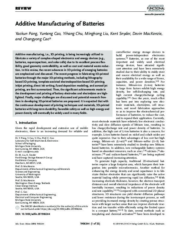 (PDF) Additive Manufacturing of Batteries