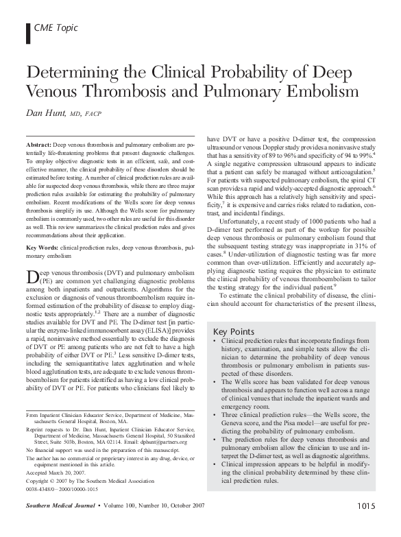 (PDF) Determining the Clinical Probability of Deep Venous Thrombosis and Pulmonary Embolism