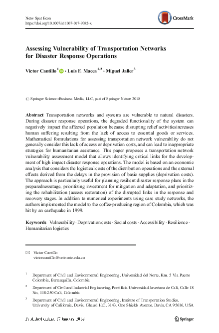 (PDF) Assessing Vulnerability of Transportation Networks for Disaster Response Operations