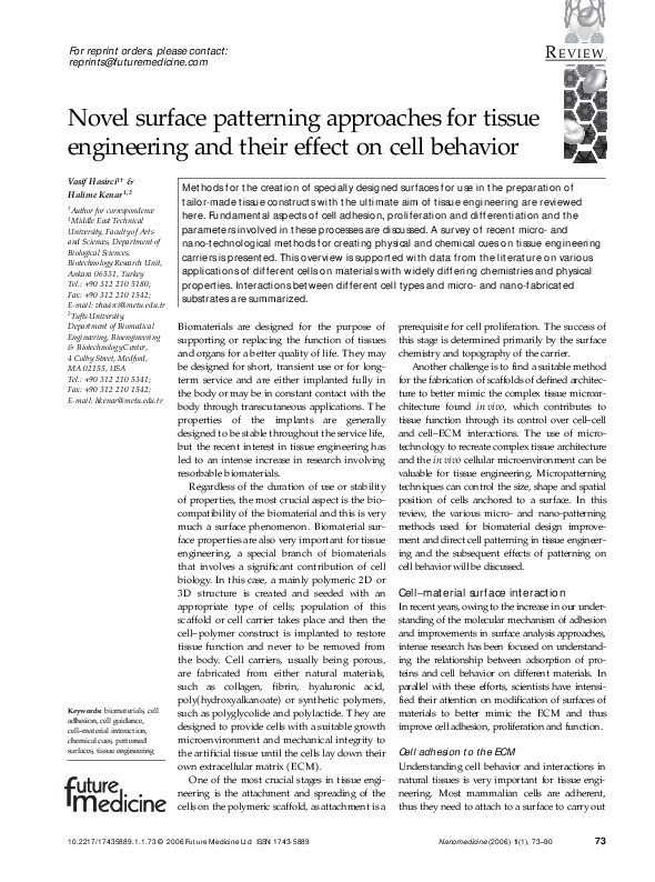 (PDF) Novel surface patterning approaches for tissue engineering and their effect on cell behavior