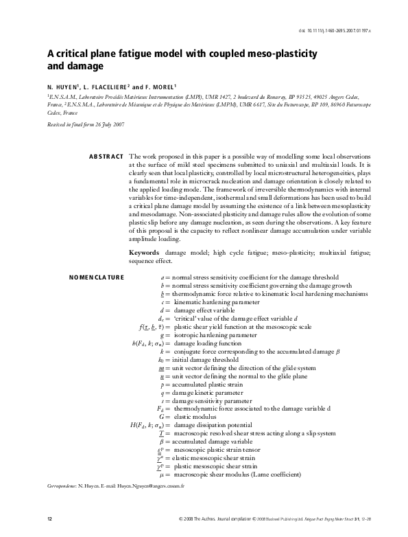 (PDF) A critical plane fatigue model with coupled meso-plasticity and ...