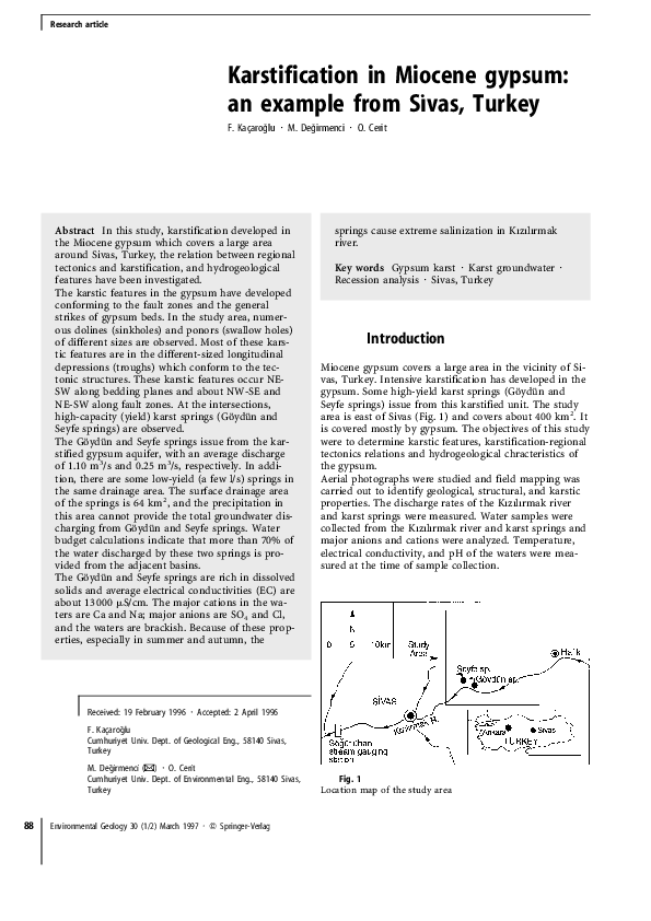 (PDF) Karstification in Miocene gypsum: an example from Sivas, Turkey