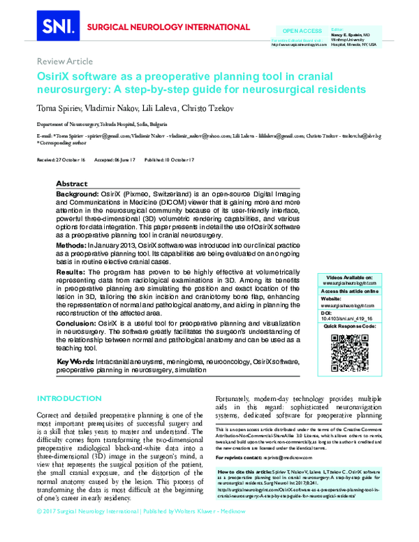 (PDF) OsiriX software as a preoperative planning tool in cranial ...