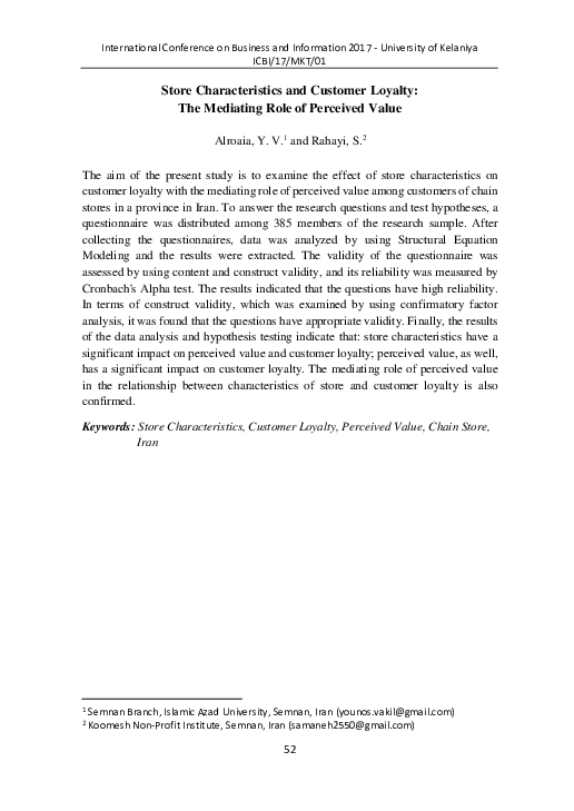 (PDF) Store Characteristics and Customer Loyalty: The Mediating Role of Perceived Value | Younos ...