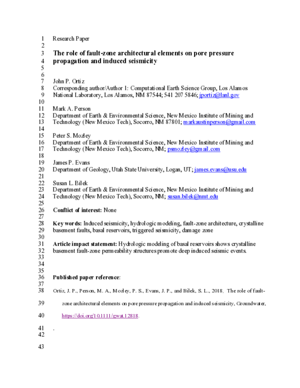 (PDF) The Role of Fault-Zone Architectural Elements on Pore Pressure ...