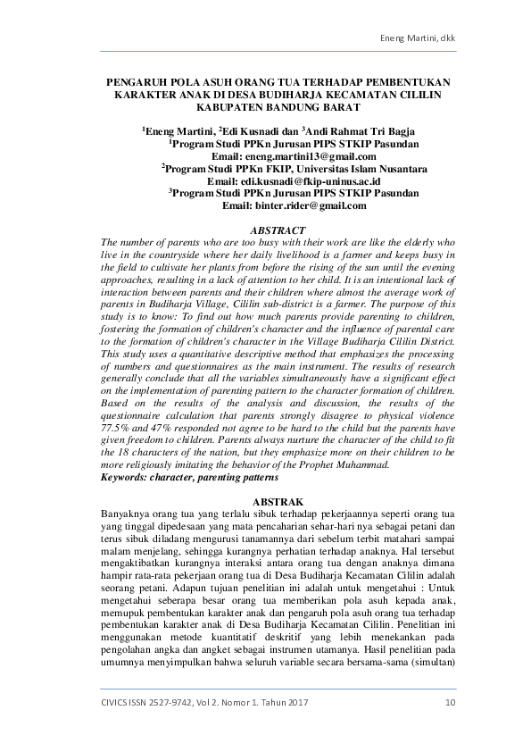 (PDF) Pengaruh Pola Asuh Orang Tua Terhadap Pembentukan Karakter Anak DI Desa Budiharja ...