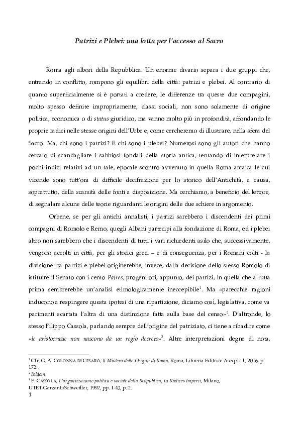 (DOC) Patrizi e Plebei: una lotta per l'accesso al Sacro