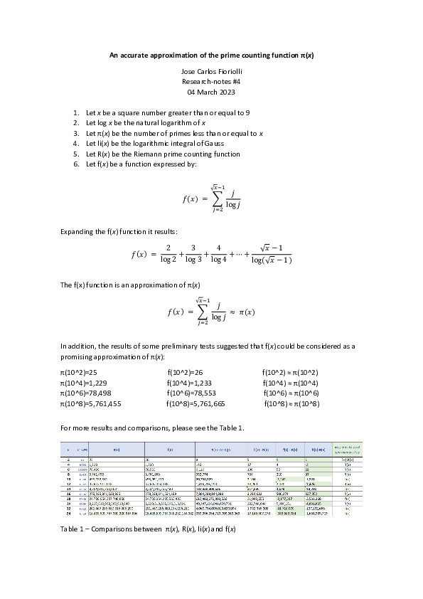 (PDF) An accurate approximation of the prime counting function π(x)