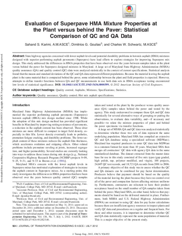 (PDF) Evaluation of Superpave HMA Mixture Properties at the Plant versus behind the Paver ...