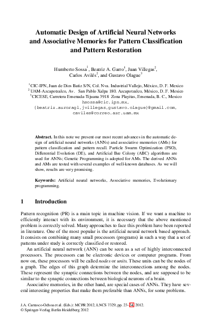 Pdf Automatic Design Of Artificial Neural Networks And Associative Memories For Pattern