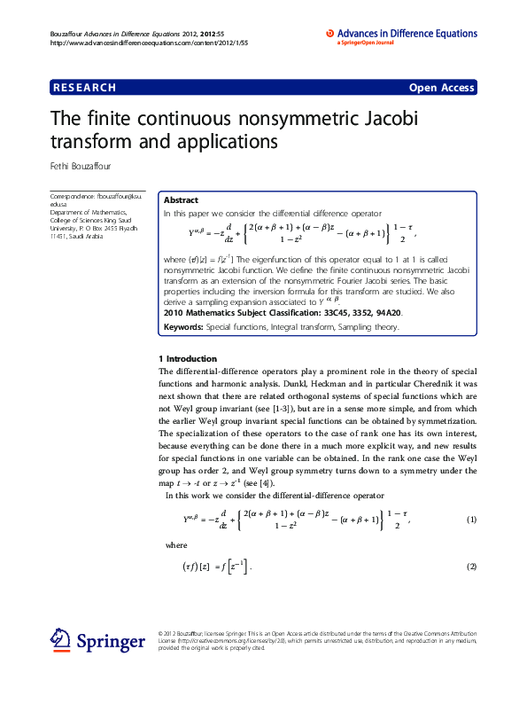 (PDF) The finite continuous nonsymmetric Jacobi transform and applications