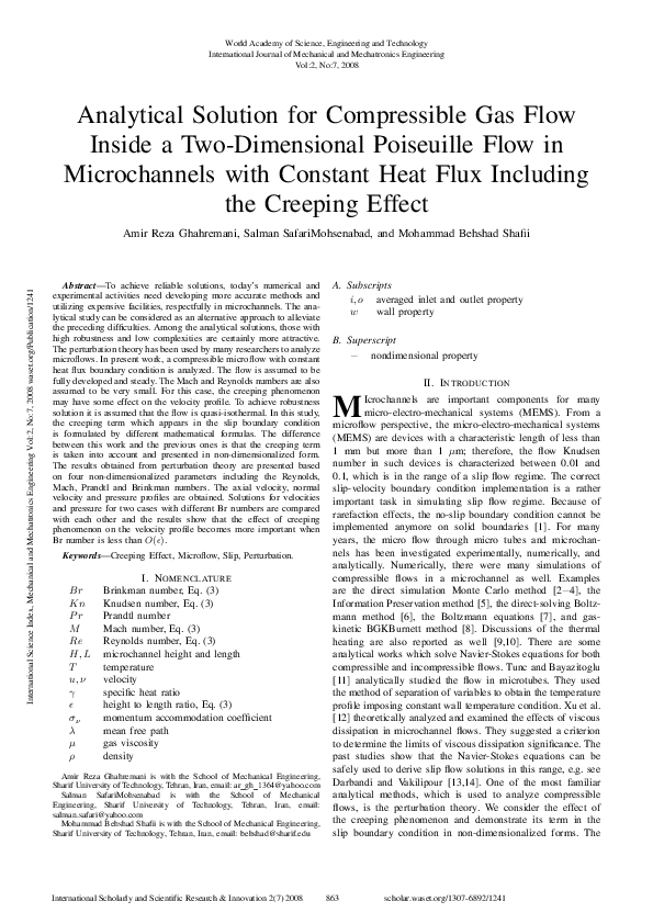 (PDF) Analytical Solution For Compressible Gas Flow Inside A Two-Dimensional Poiseuille Flow In ...