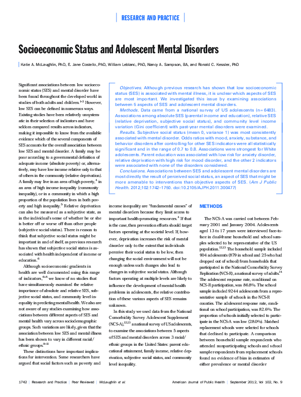 (PDF) Socioeconomic Status and Adolescent Mental Disorders