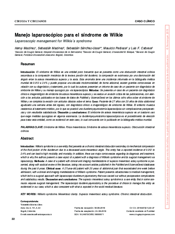 (PDF) Manejo laparoscópico para el síndrome de Wilkie