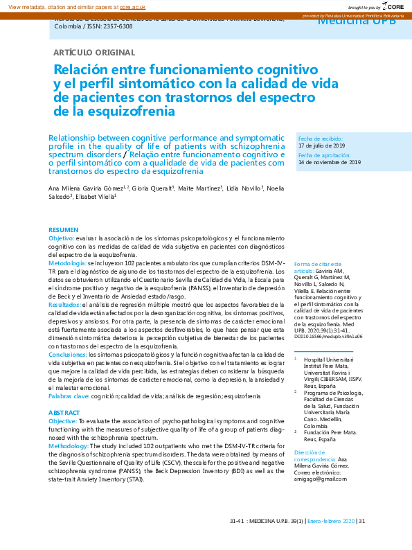 (PDF) Relación entre funcionamiento cognitivo y el perfil sintomático con la calidad de vida de ...