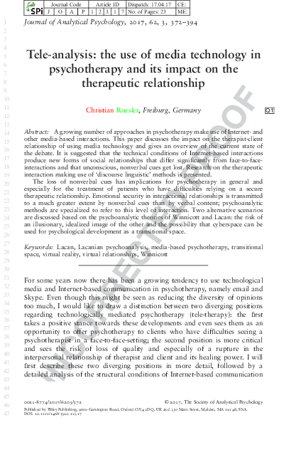 (PDF) Tele-analysis: the use of media technology in psychotherapy and ...