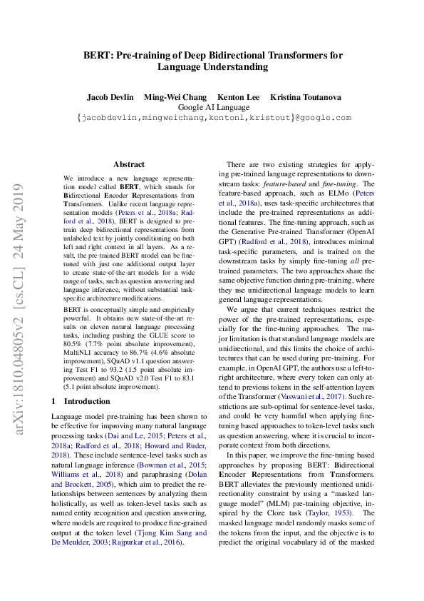 (PDF) BERT: Pre-training of Deep Bidirectional Transformers for ...