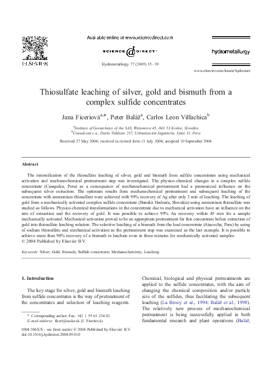 (PDF) Thiosulfate leaching of silver, gold and bismuth from a complex ...